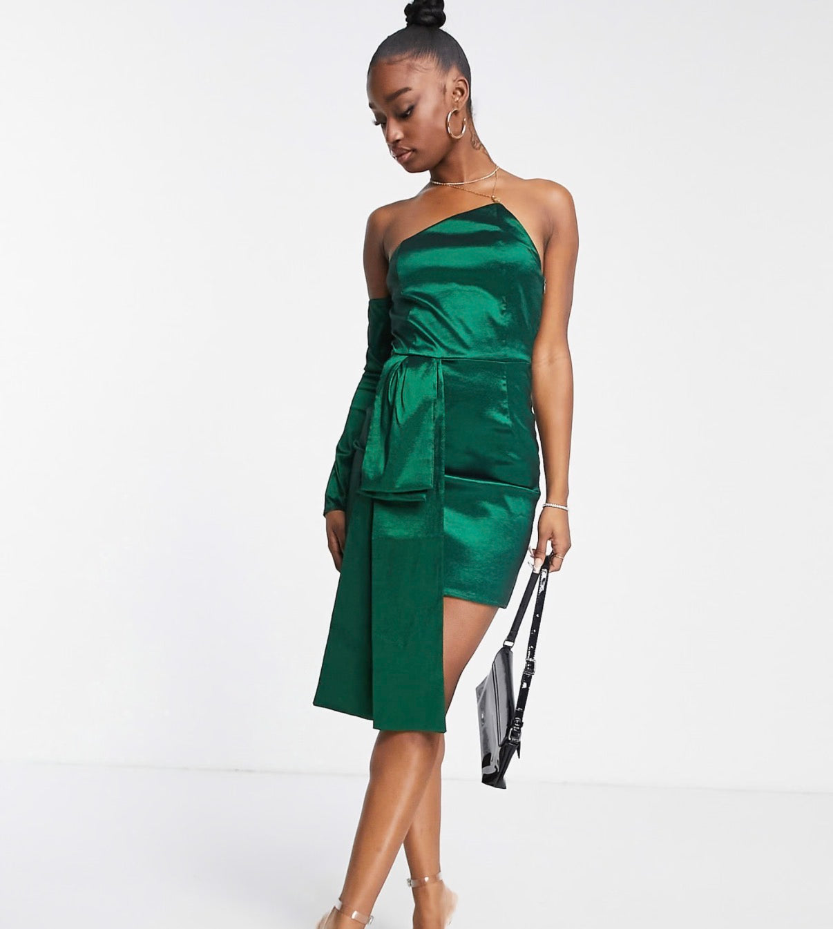 Collective the Label exclusive one shoulder bow mini dress in emerald ...